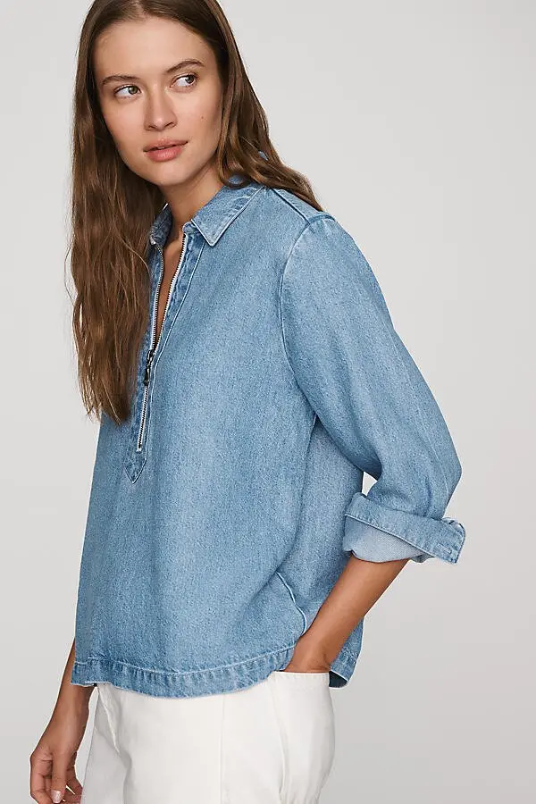 Cloth & Stone Zip-Front Denim Shirt Top - Salt Air Wash | Editorialist